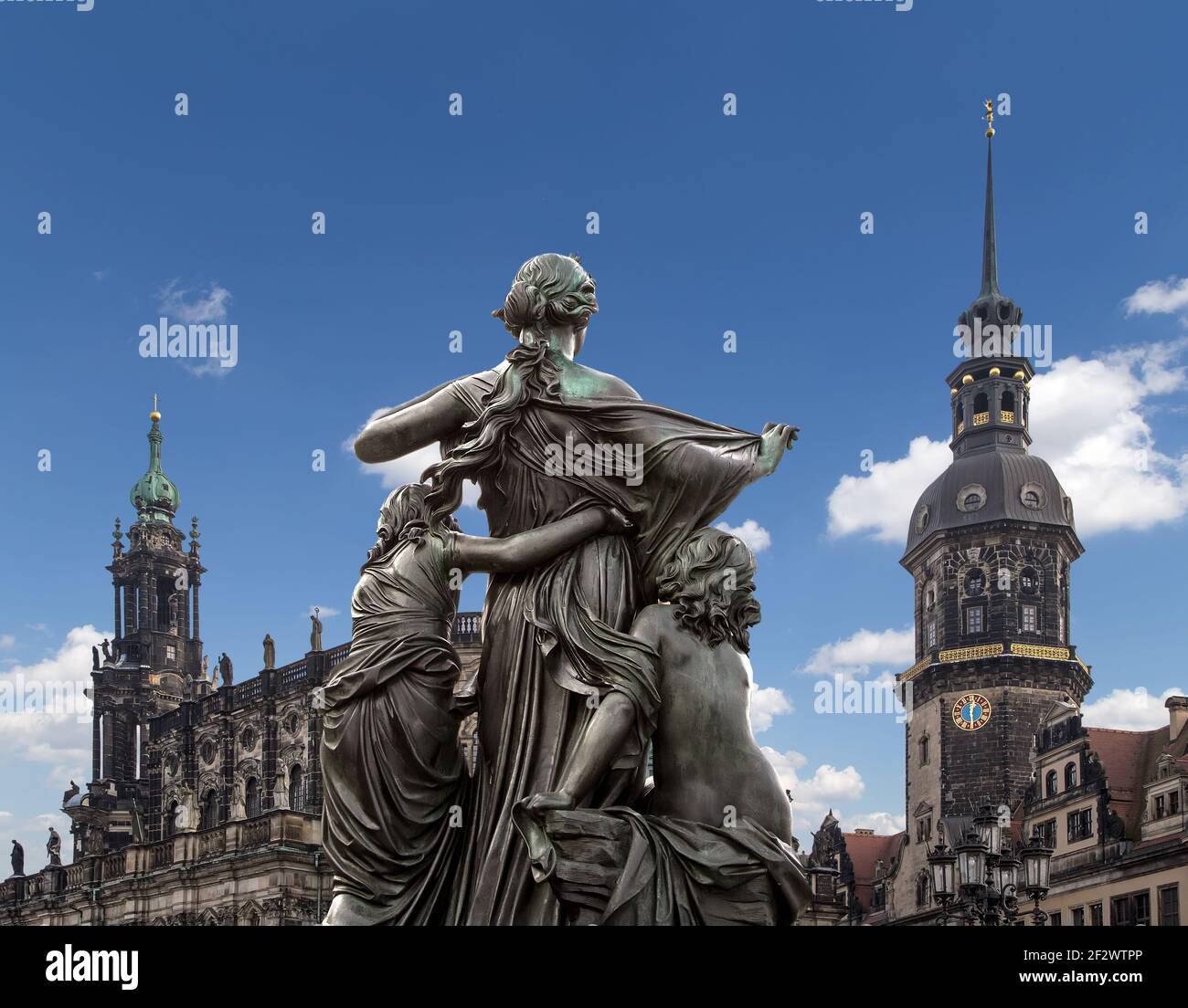 Sculpture on the Bruhl Terrace and Hofkirche or Cathedral of Holy ...