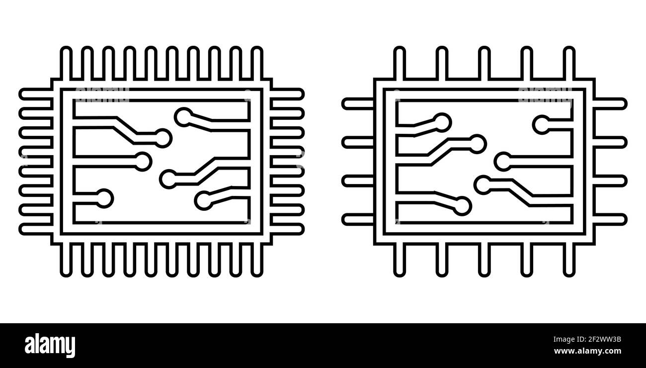 Two chip or microchip icons. Editable stroke. Central computer processor, black chip symbol ...