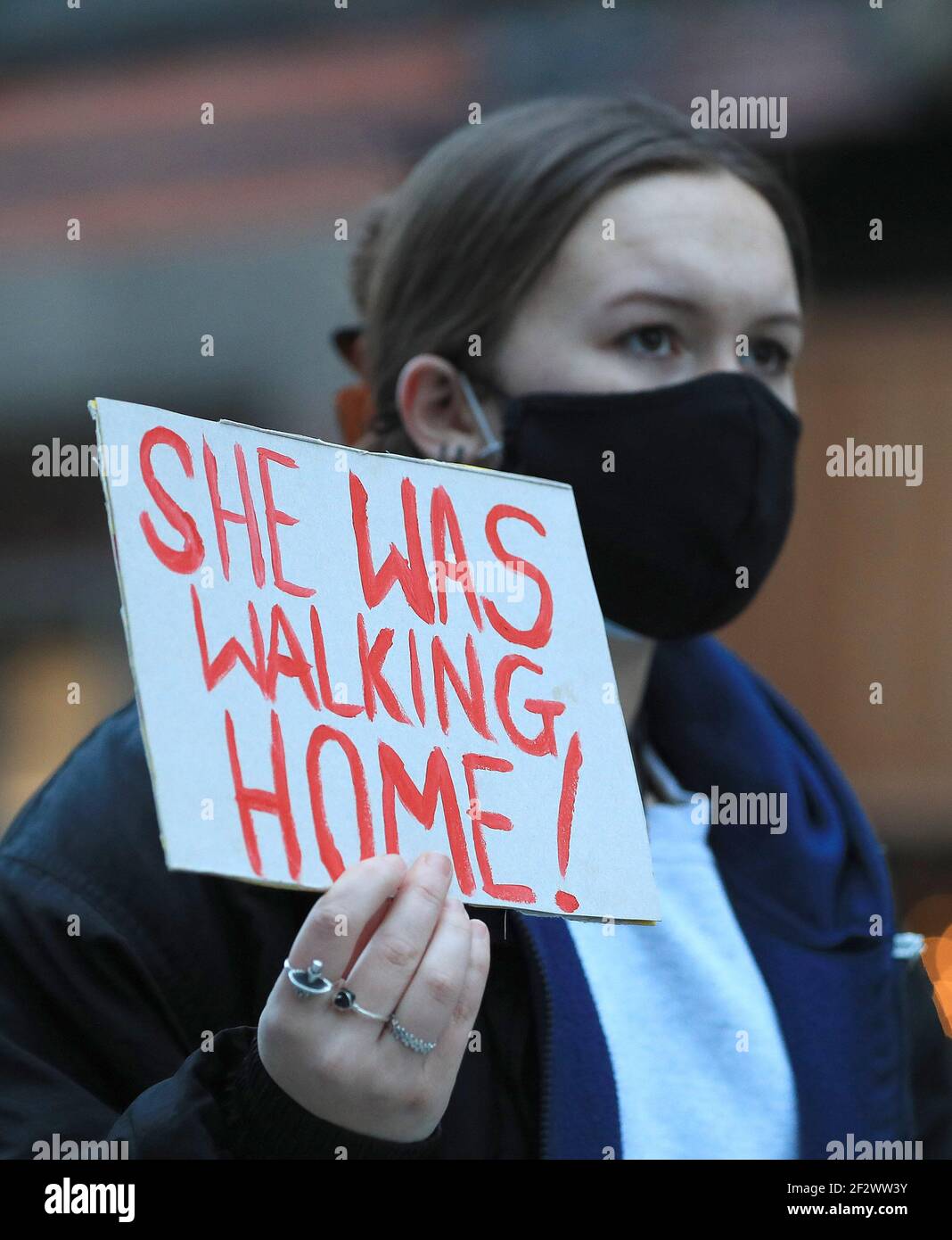 A woman holding a placard for Sarah Everard in Nottingham city centre ...