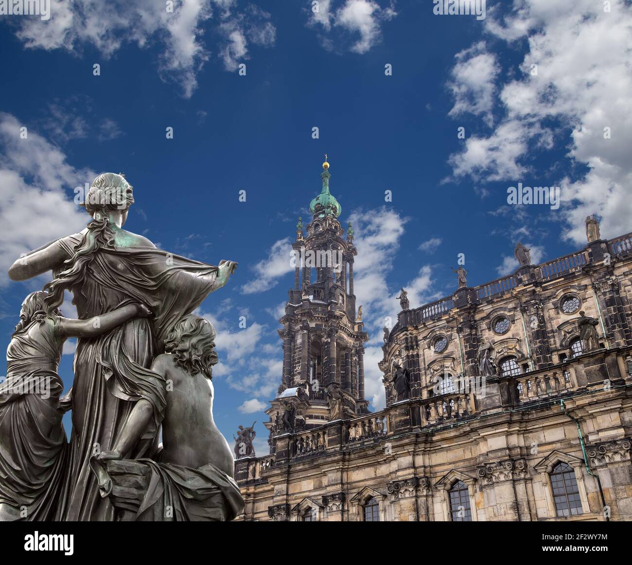 Sculpture on the Bruhl Terrace and Hofkirche or Cathedral of Holy ...