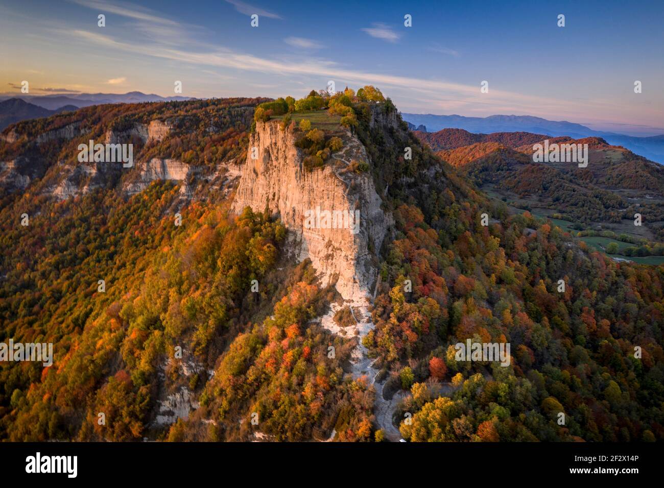Aerial views of the Cabrera cliffs, in an autumn sunset (Collsacabra ...