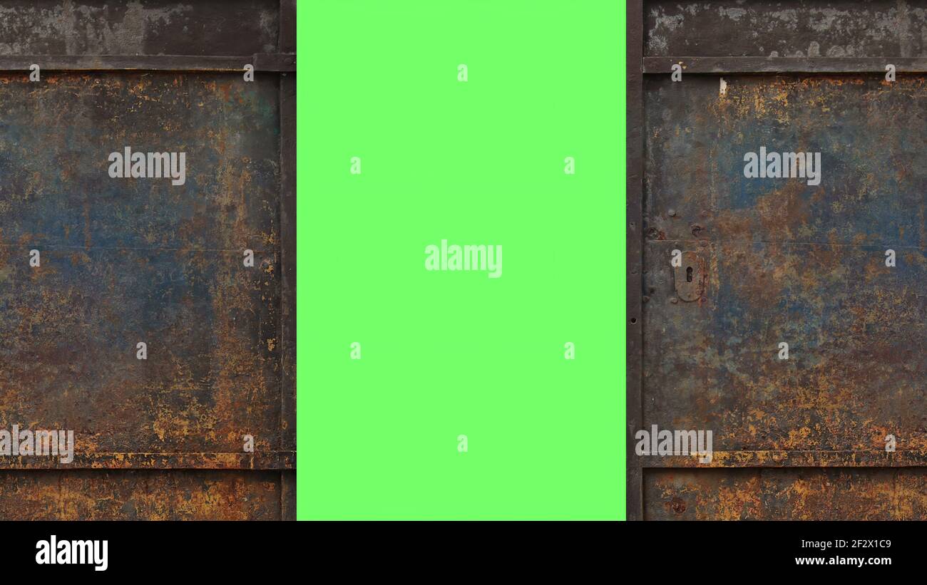 3D illustration - old steel gate opens - green screen Stock Photo - Alamy