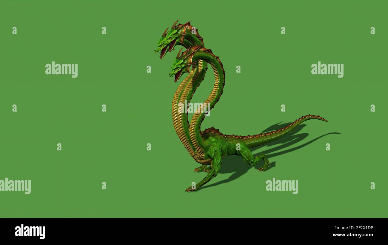 3D illustration - Hydra mystical water snake roars - isolated on green ...