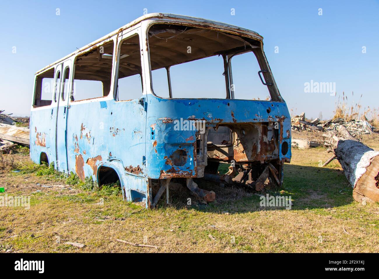 Abandoned old bus. Rusted old blue van. Made in USSR Stock Photo - Alamy