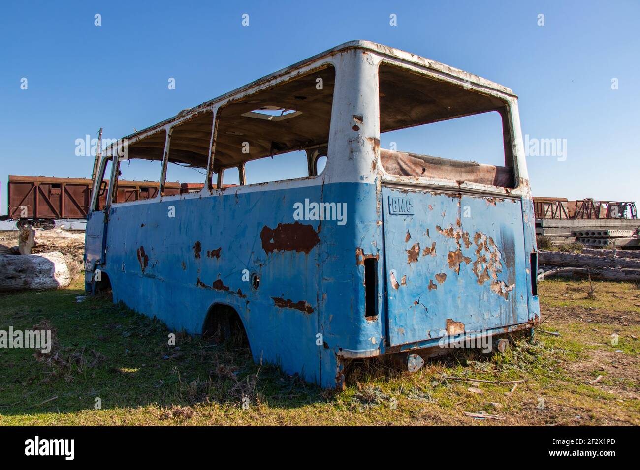 Abandoned old bus. Rusted old blue van. Made in USSR Stock Photo - Alamy