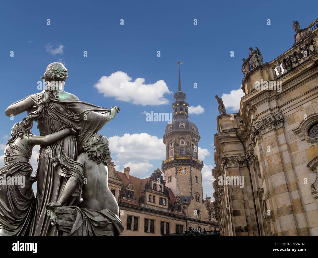 Sculpture on the Bruhl Terrace and Hofkirche or Cathedral of Holy ...