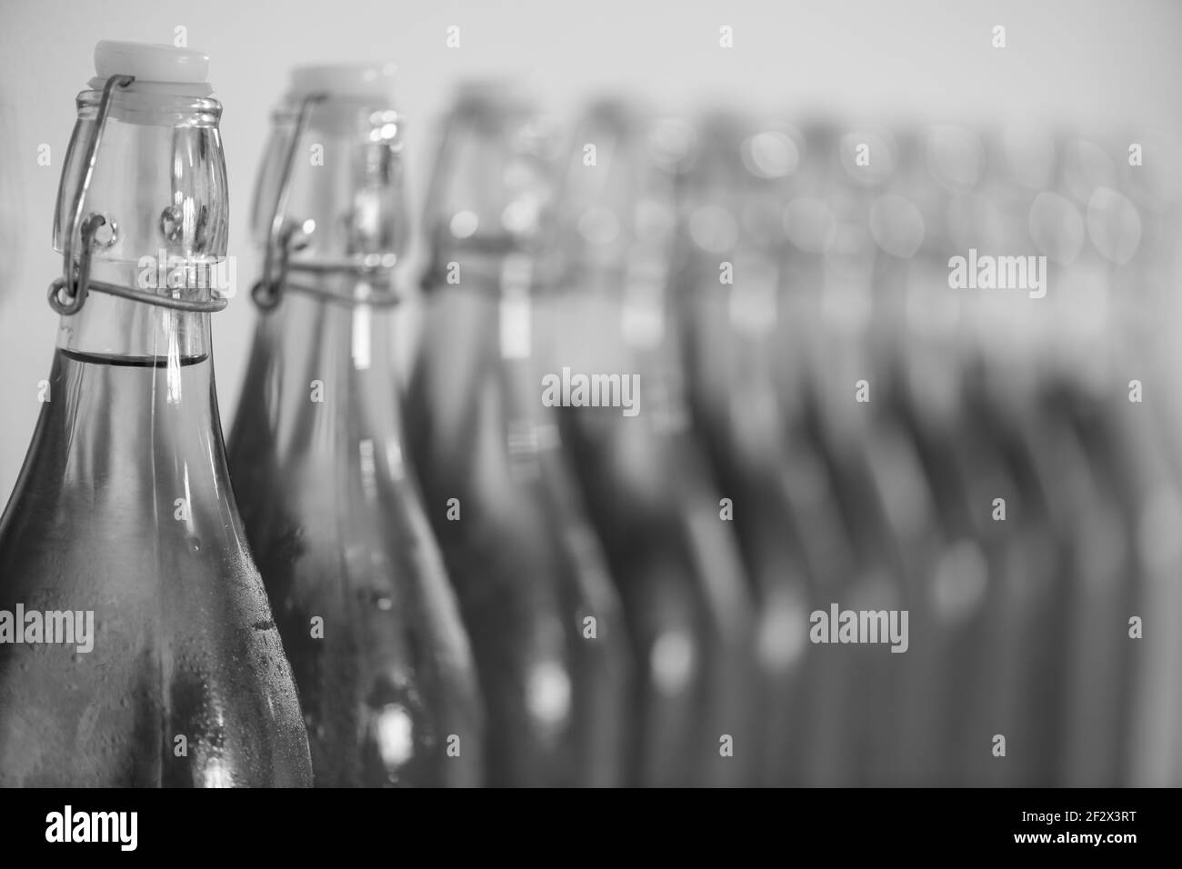 Black and white photo of a row of flip top bottles of home made cider ...