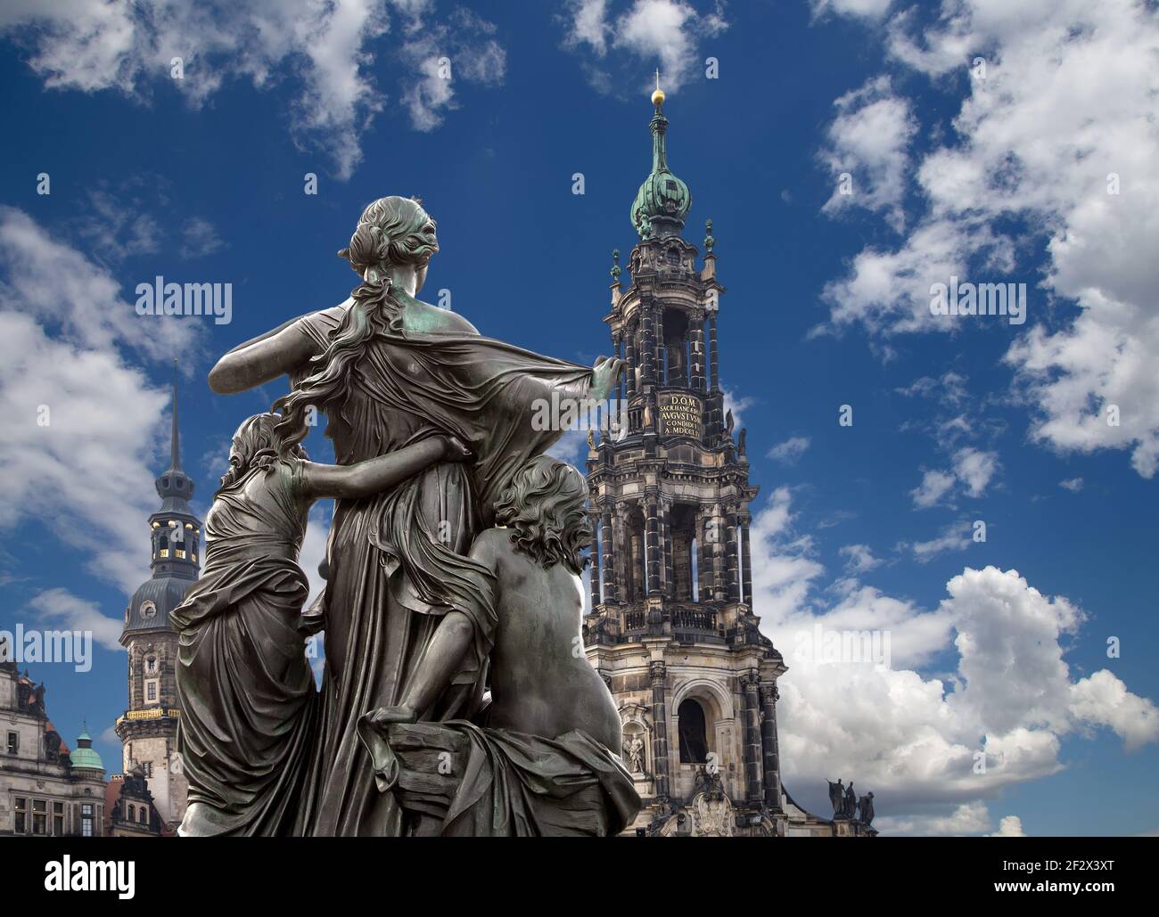 Sculpture on the Bruhl Terrace and Hofkirche or Cathedral of Holy ...