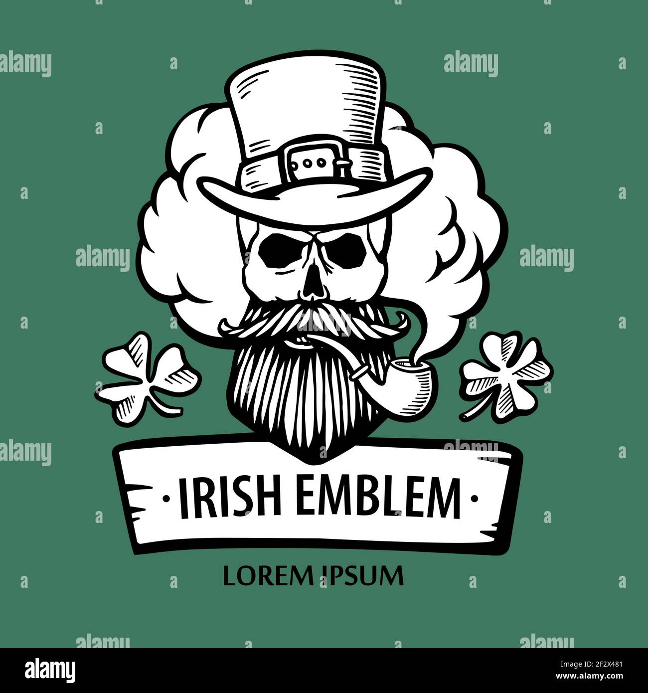 Hand-drawn irish skull with hat, mustache and beard and clover ...