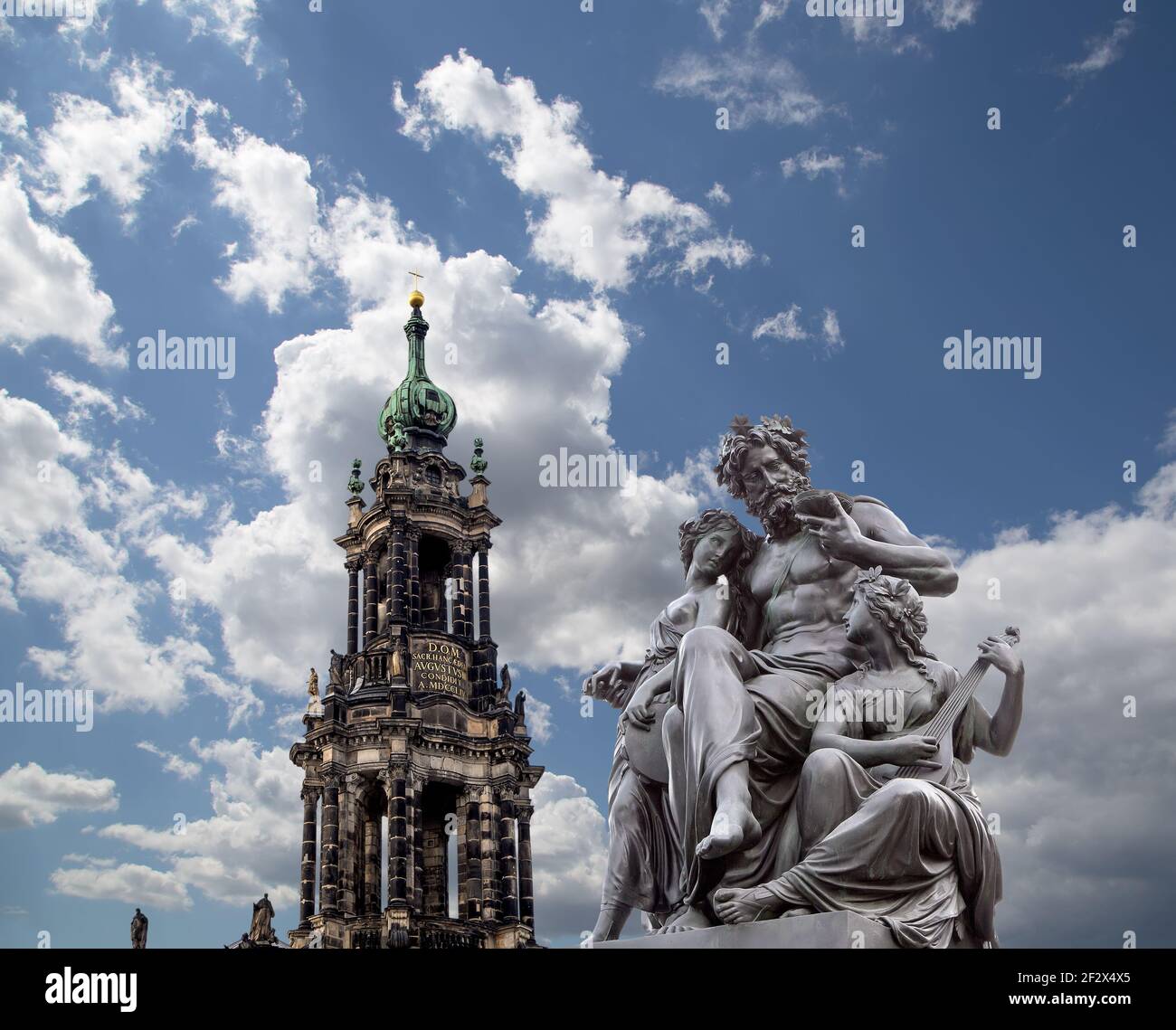 Sculpture on the Bruhl Terrace and Hofkirche or Cathedral of Holy ...