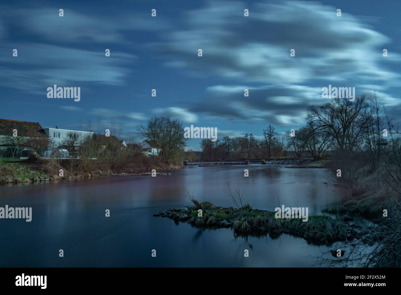 Big weir on Vltava river in Roznov part of Budweis city in winter ...