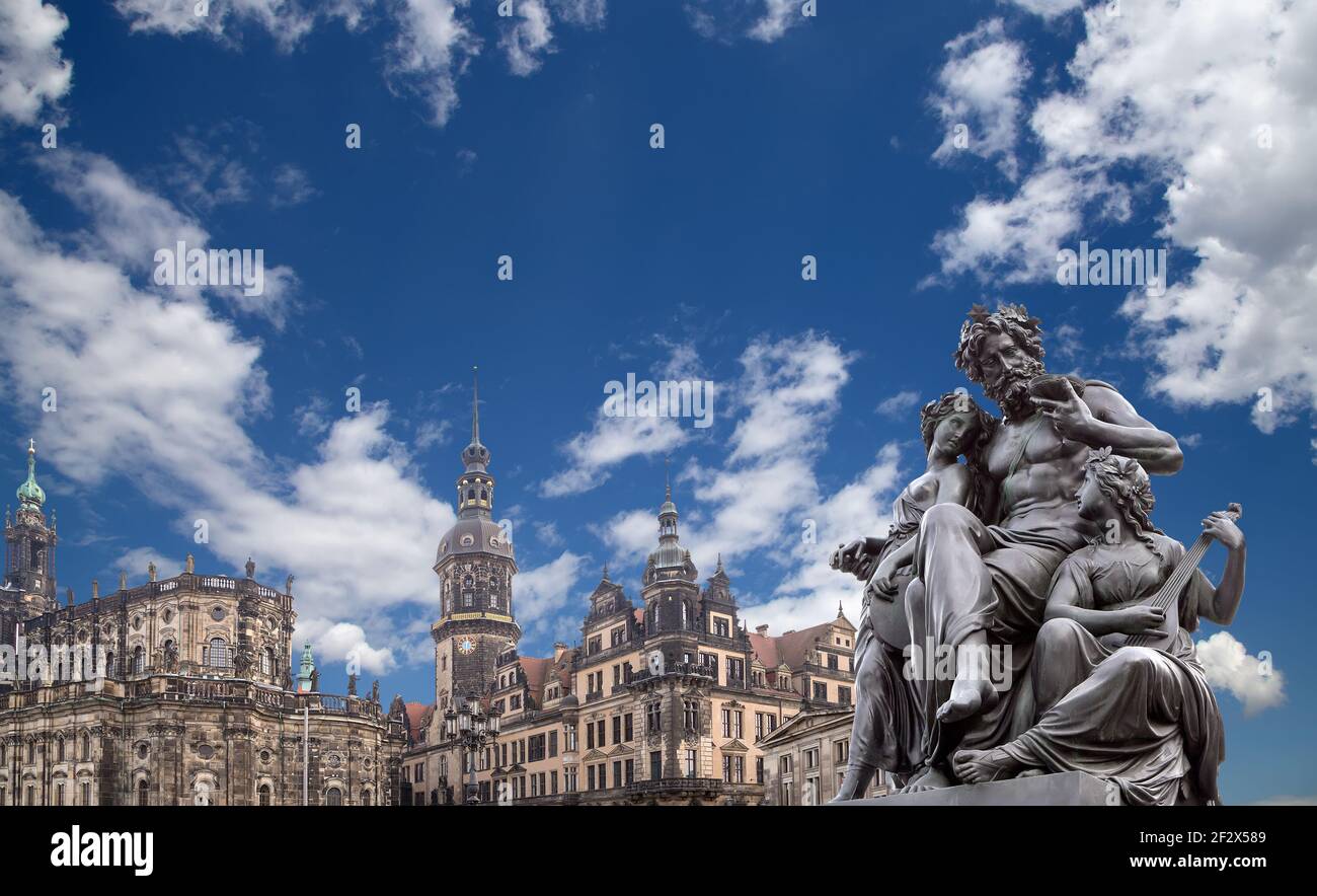 Sculpture on the Bruhl Terrace and Hofkirche or Cathedral of Holy ...