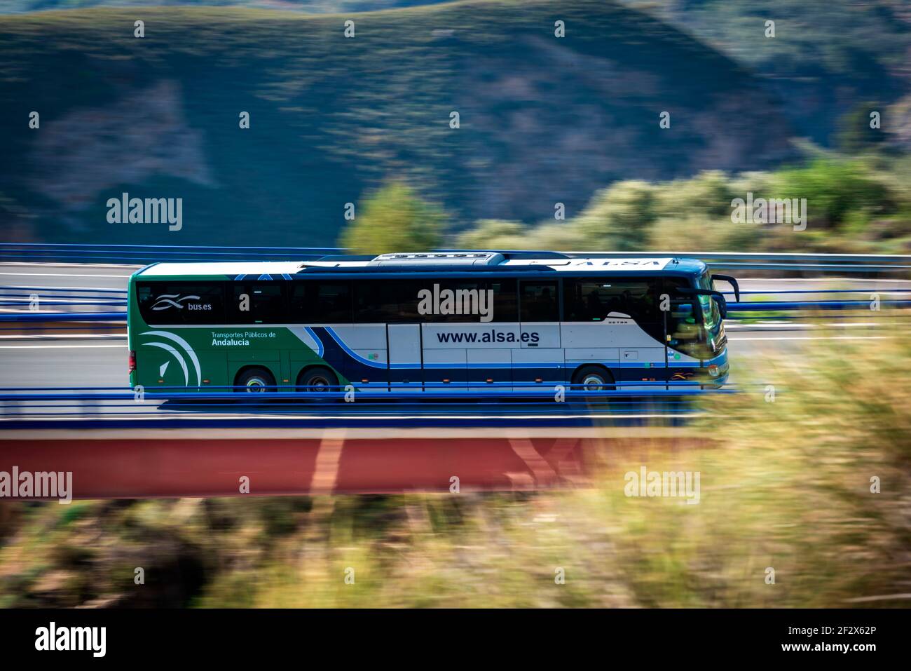 3/9/2021,Granada. Bus of the company Alsa circulating on the highway, a ...