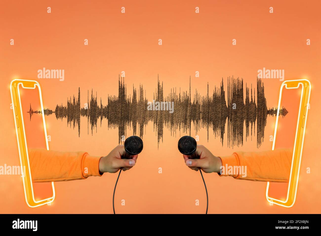 An illustration of two hands holding microphones rising from ...