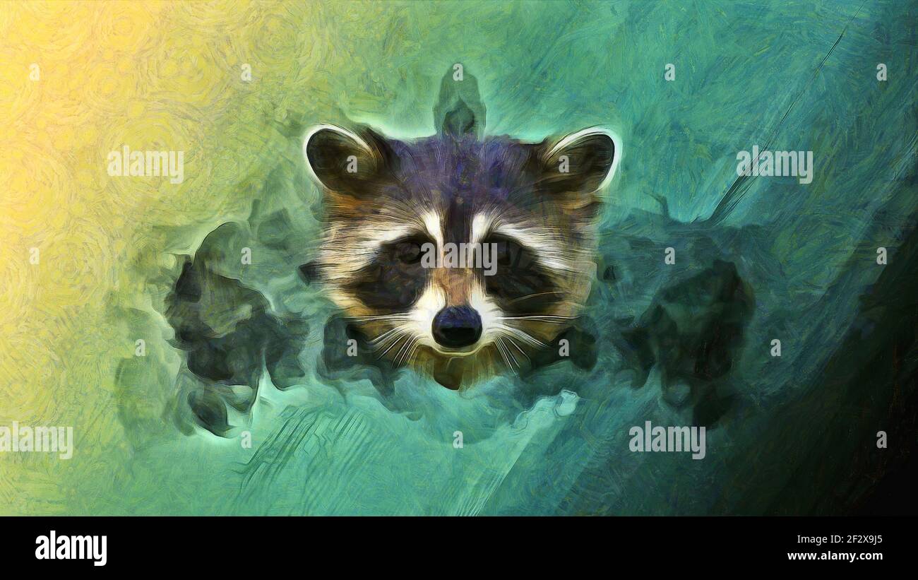 Raccoon head against the background of a cloud of smoke. Artistic work ...