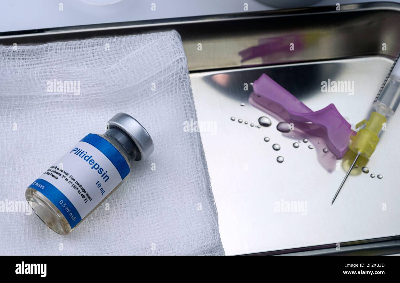vial with antiviral chemical compound plitidepsin, This formulation has ...