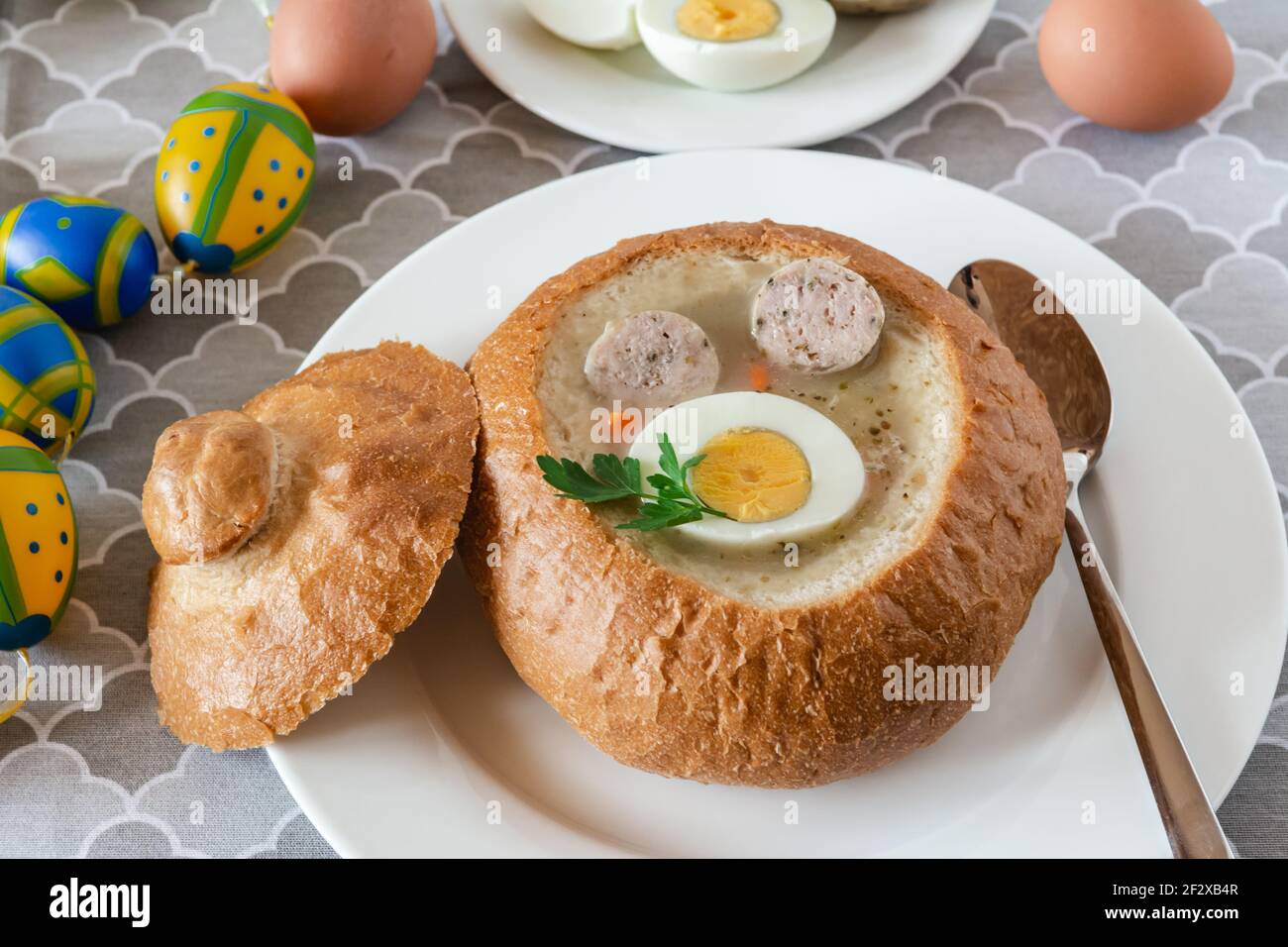 Traditional Polish soup Zurek with white sausage and egg. Popular ...