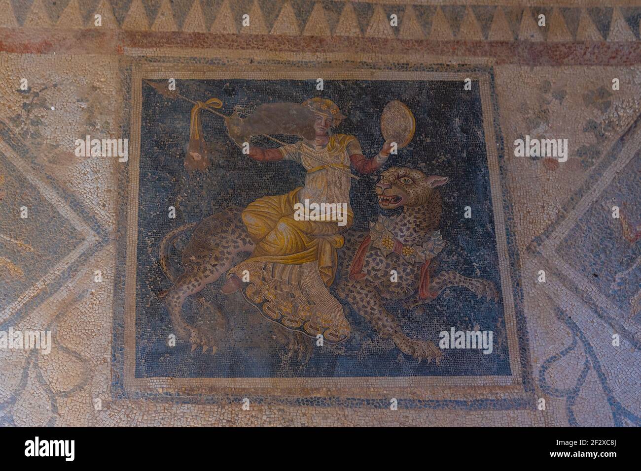 Mosaics of Dionysos riding a tiger at Delos, Greece Stock Photo - Alamy