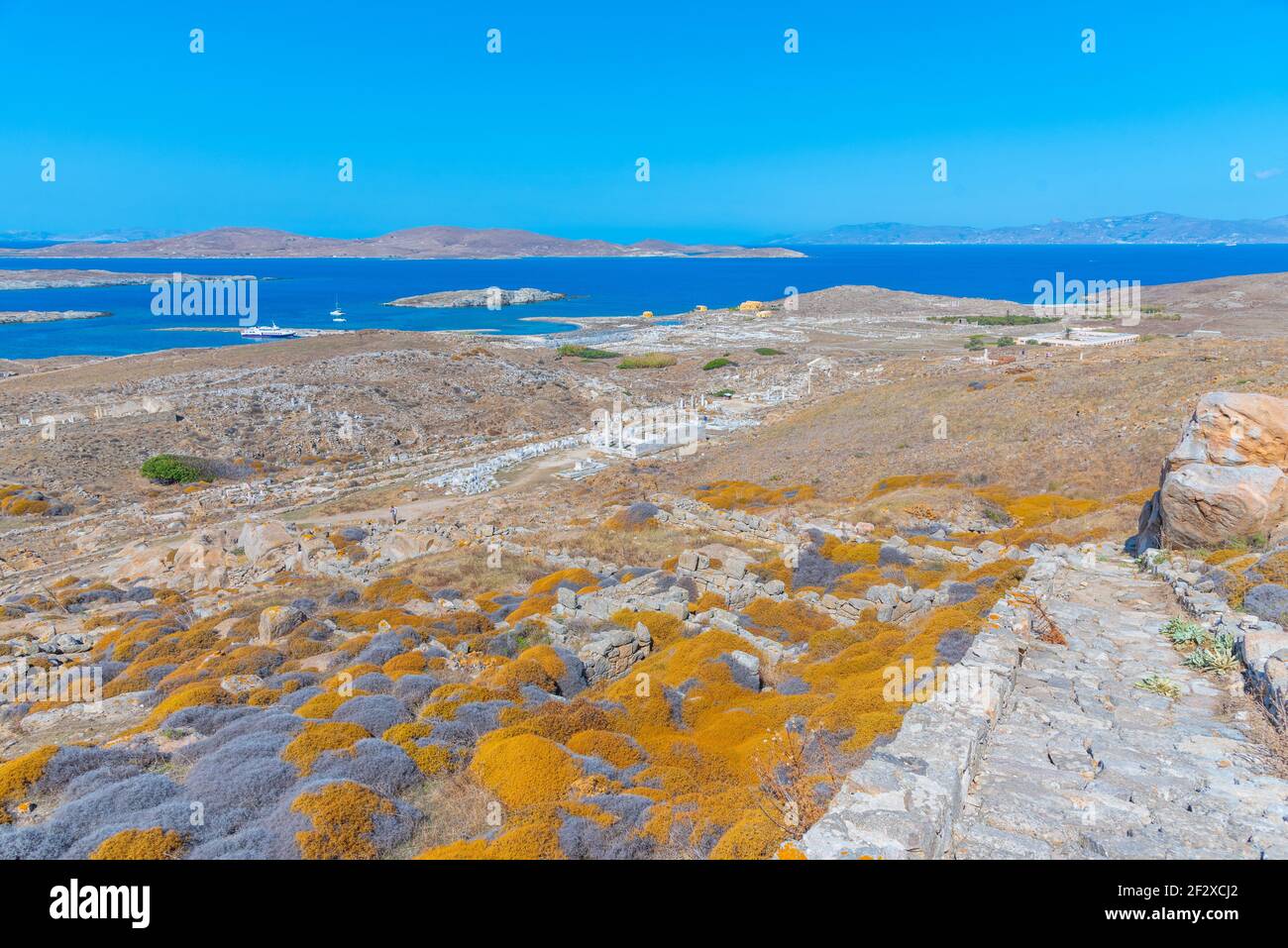 Panorama view of ancient ruins at Delos island in Greece Stock Photo ...