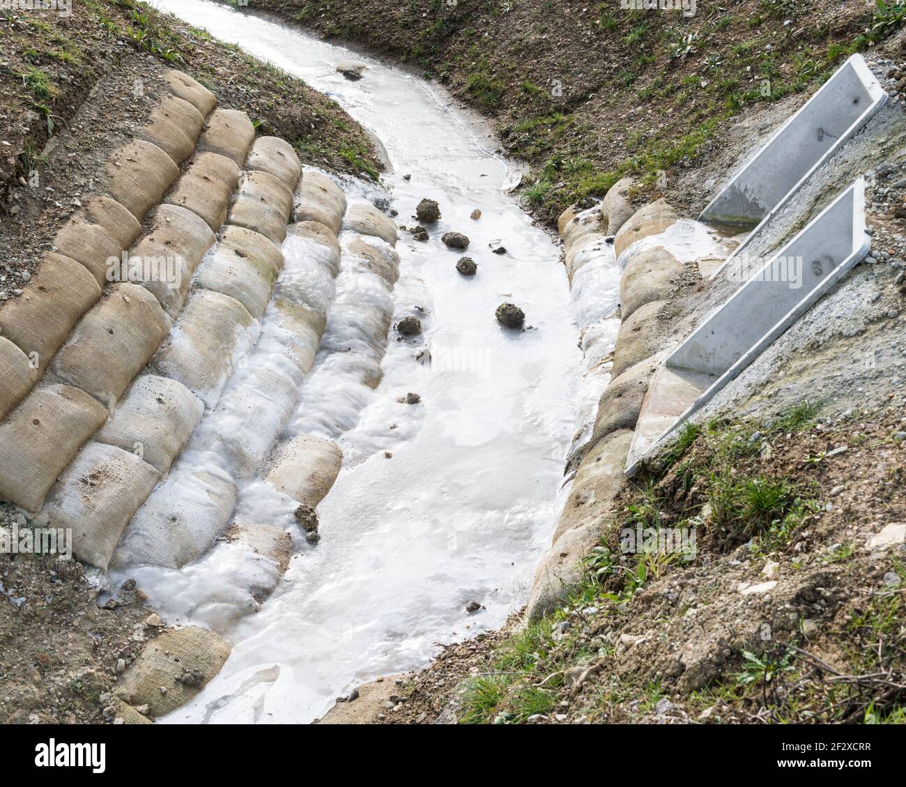 Sandbags being used to holdback the stram bank Stock Photo - Alamy
