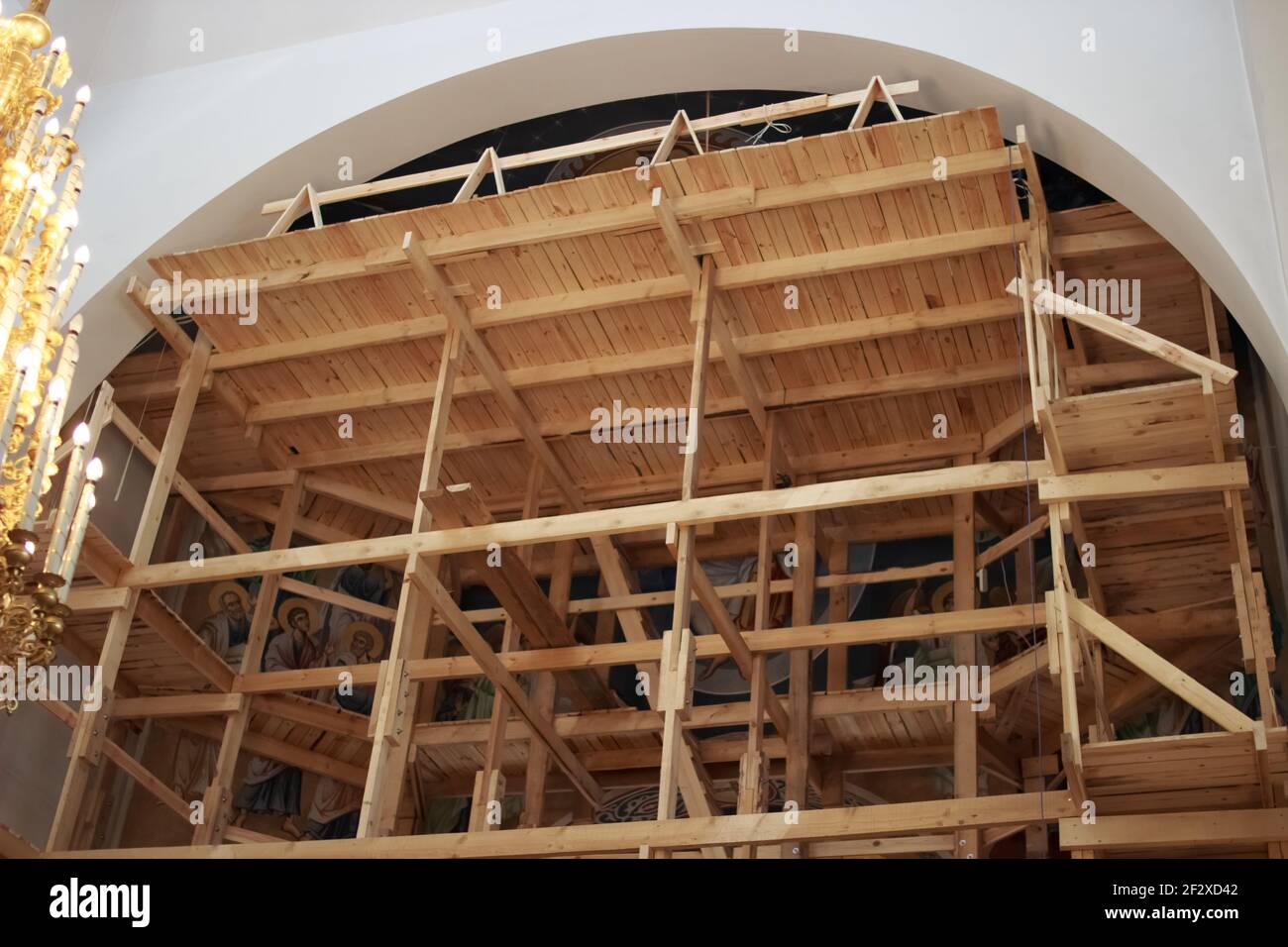A newly constructed building of the church scaffolding cladding domes ...
