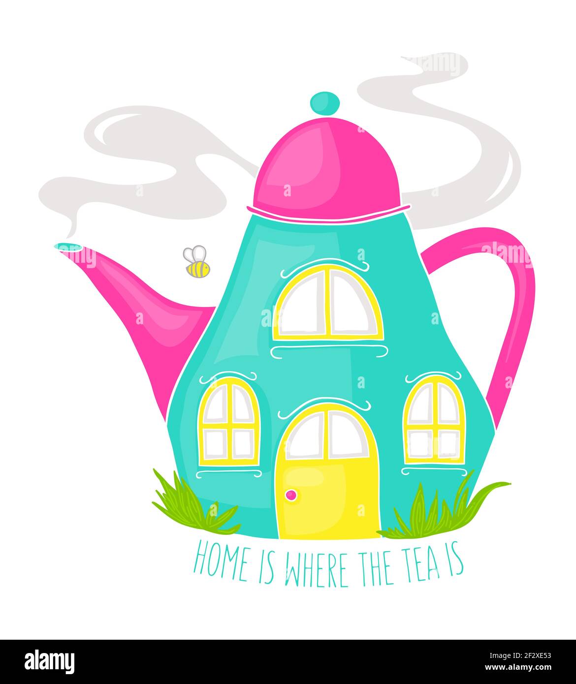 Cute cartoon of a tea kettle house with the text home is where the tea ...