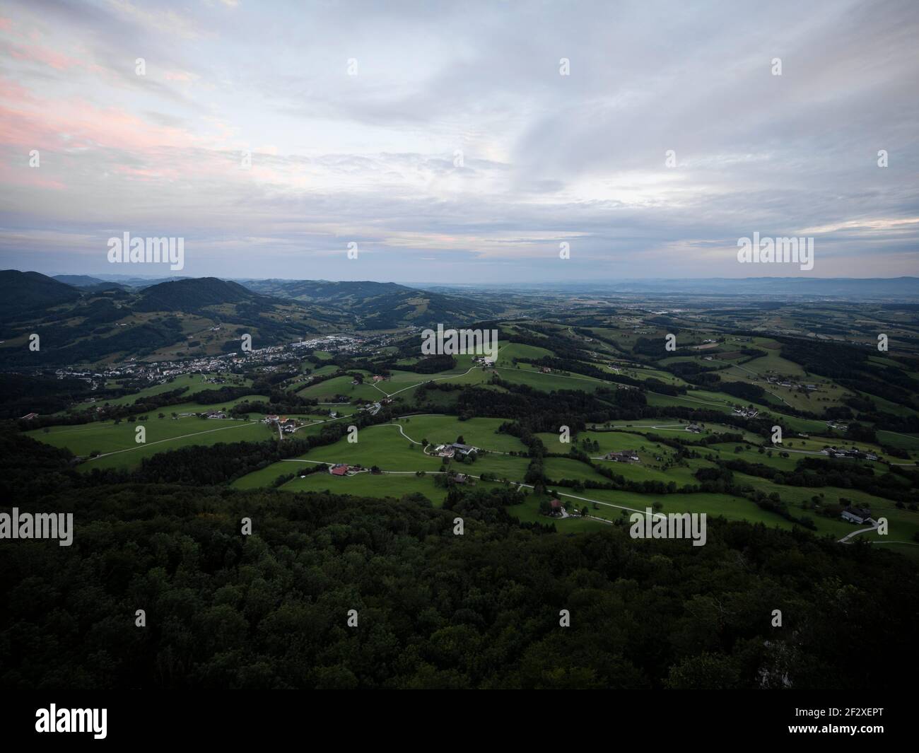 Aerial panorama of rural countryside villages alpine nature mountain ...