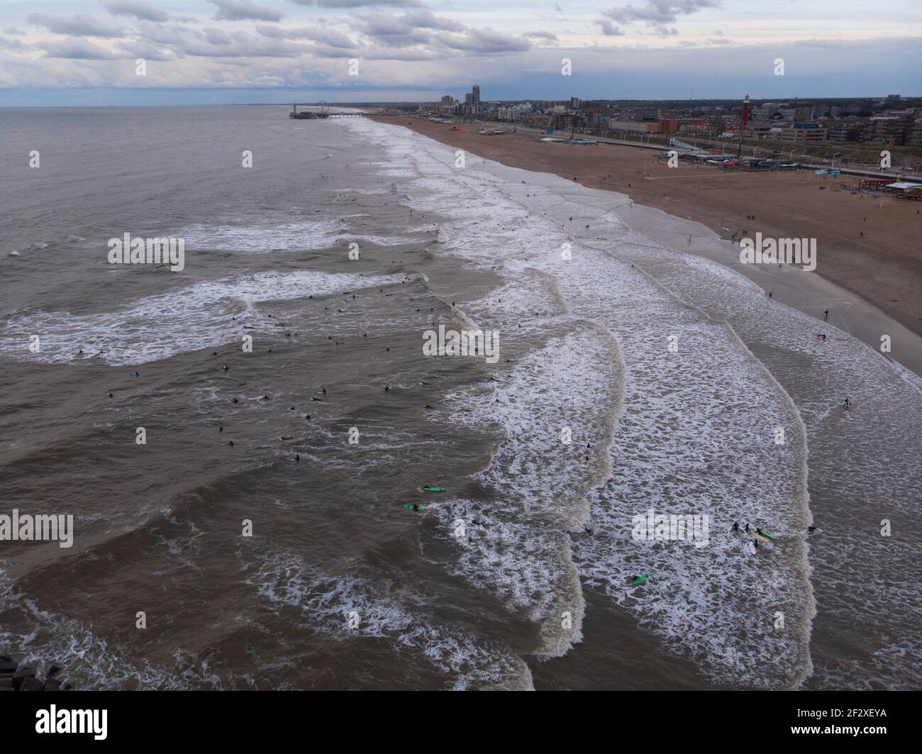 Aerial panorama view of surfers sports at Scheveningen beach The Hague ...