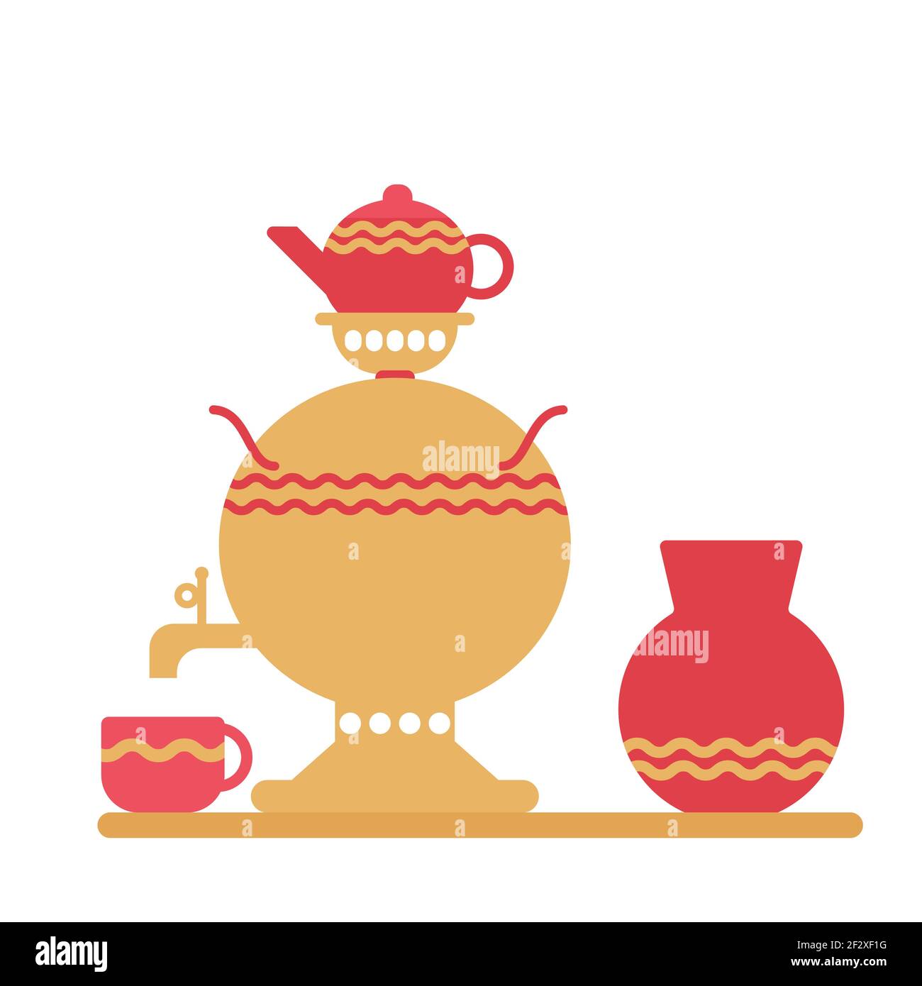 Russian traditional samovar with cup, teapot, ceramc jar vector ...