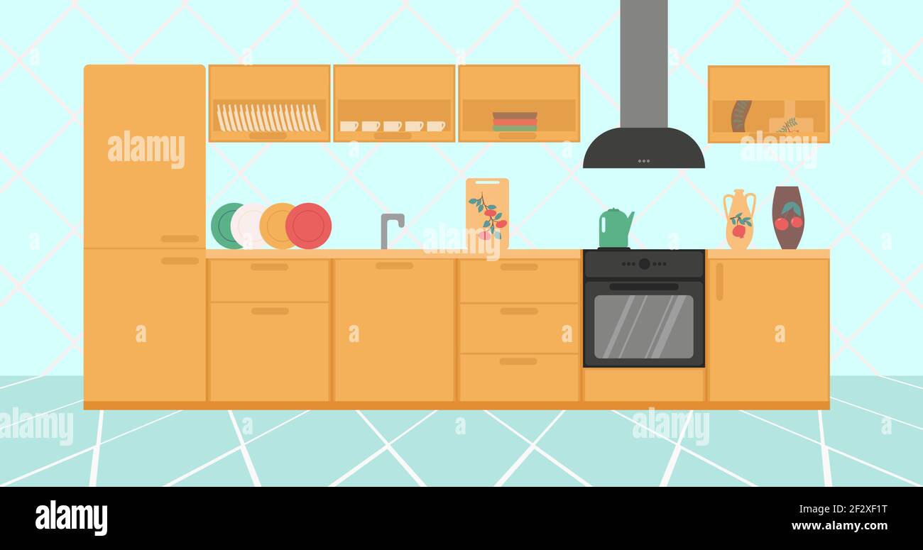 Elegant bright kitchen interior with cookware and equipment. Colorful ...