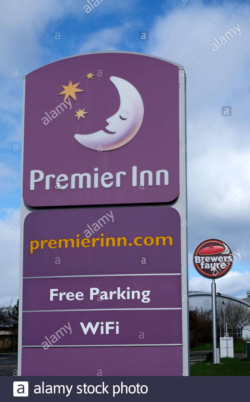Premier Inn hotel and Brewers Fayre pub restaurant chain signs Stock ...