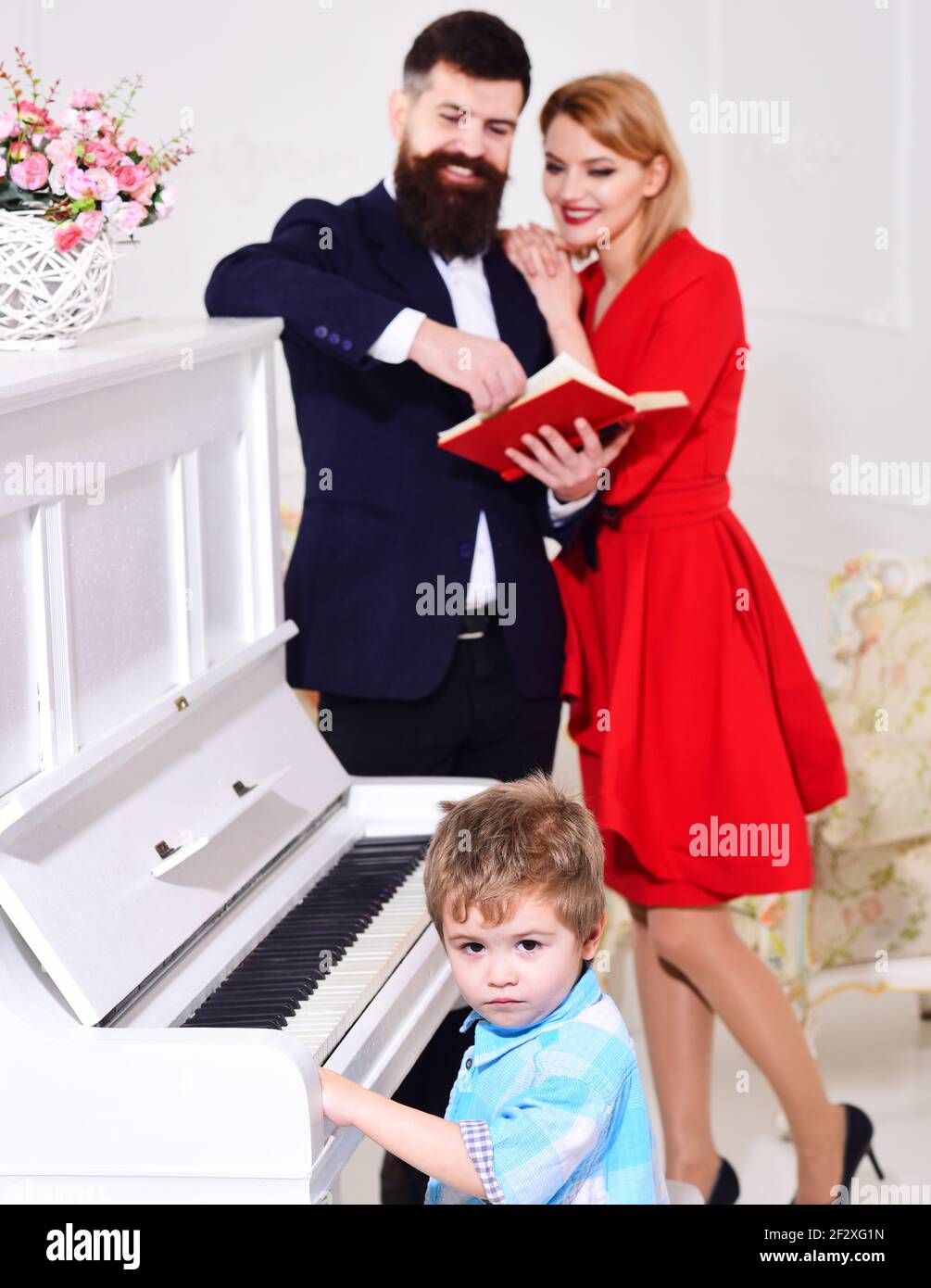 Intelligent happy family. Child play piano. Kids Musician education ...
