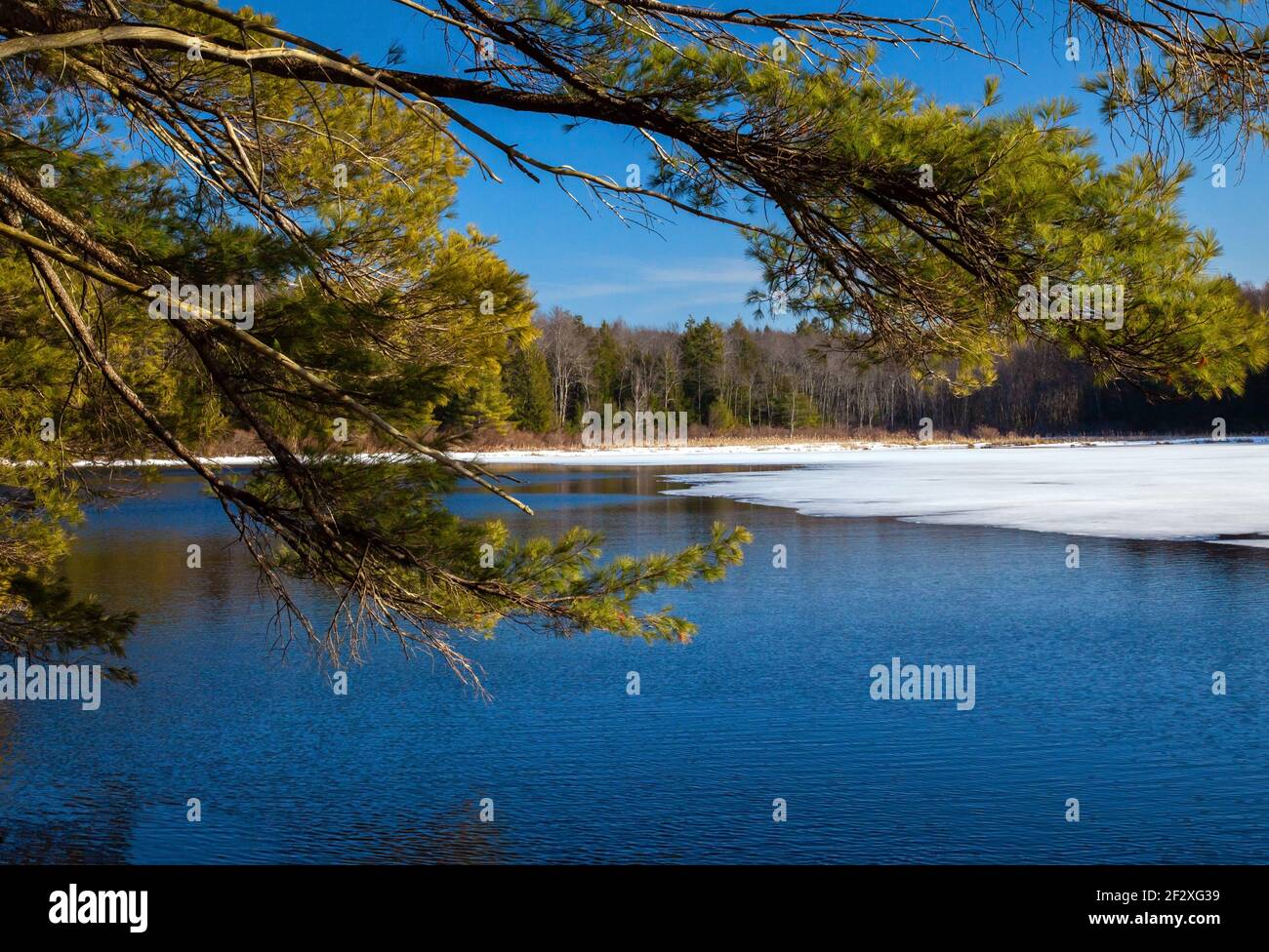 Spring ice melt on Lower Lake at Promised Land State Park on ...