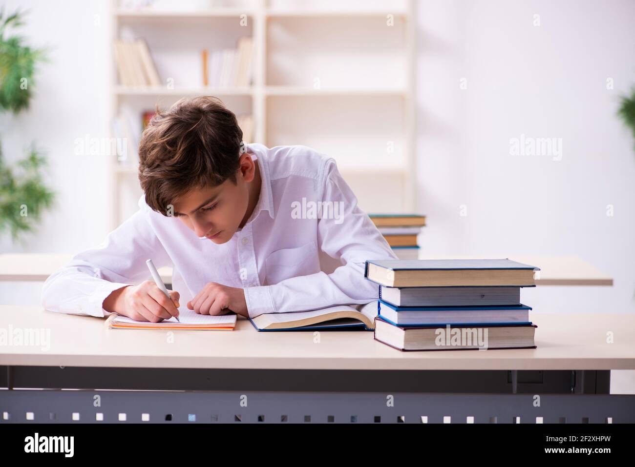 Schoolboy preparing for exam in the classroom Stock Photo - Alamy
