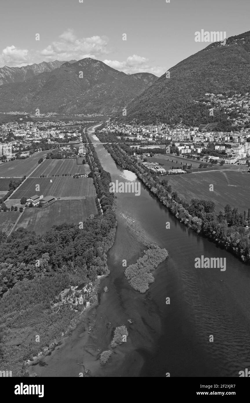 The Maggia river Delta in Ascona City next to Locarno at Lake Maggiore ...