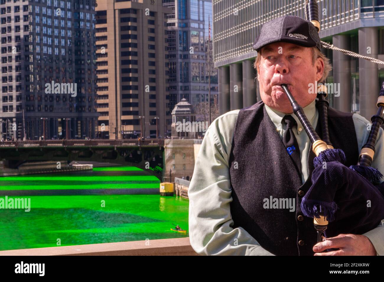 Chicago, IL, USA. 13th Mar, 2021. Chris Coomes plays bagpipes ahead of ...