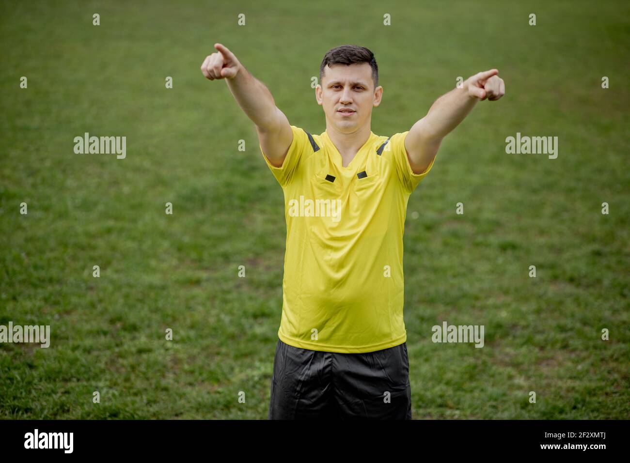 Referee goes watching VAR or violation of the rules. Concept of sport ...