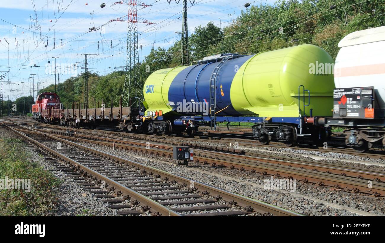 Mixed railway freight wagons at Cologne, Germany, Europe Stock Photo ...