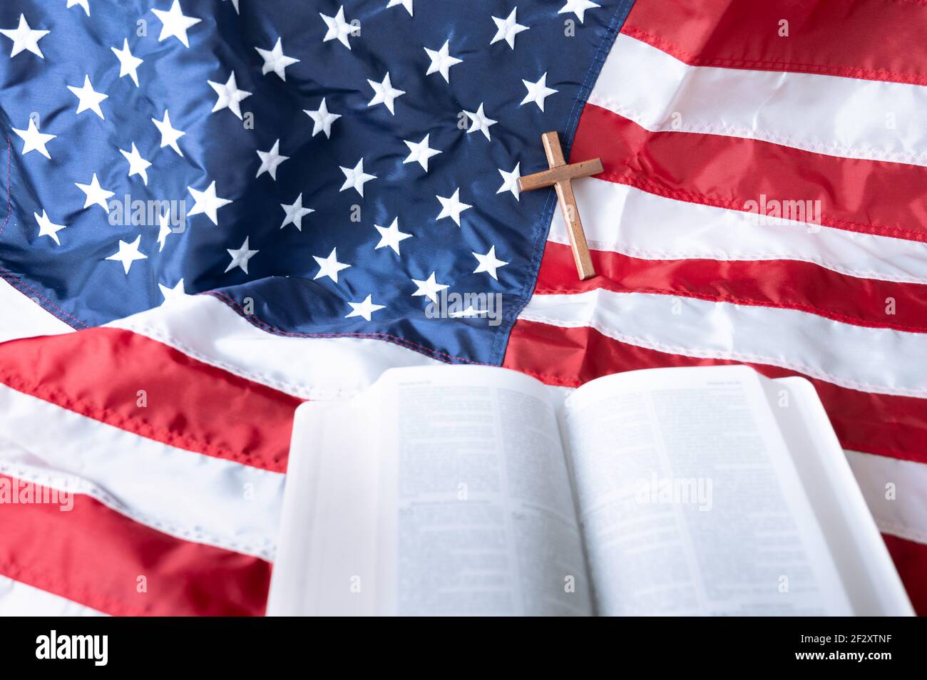Open Bible And American Flag Holy Bible Against American Flag Stock