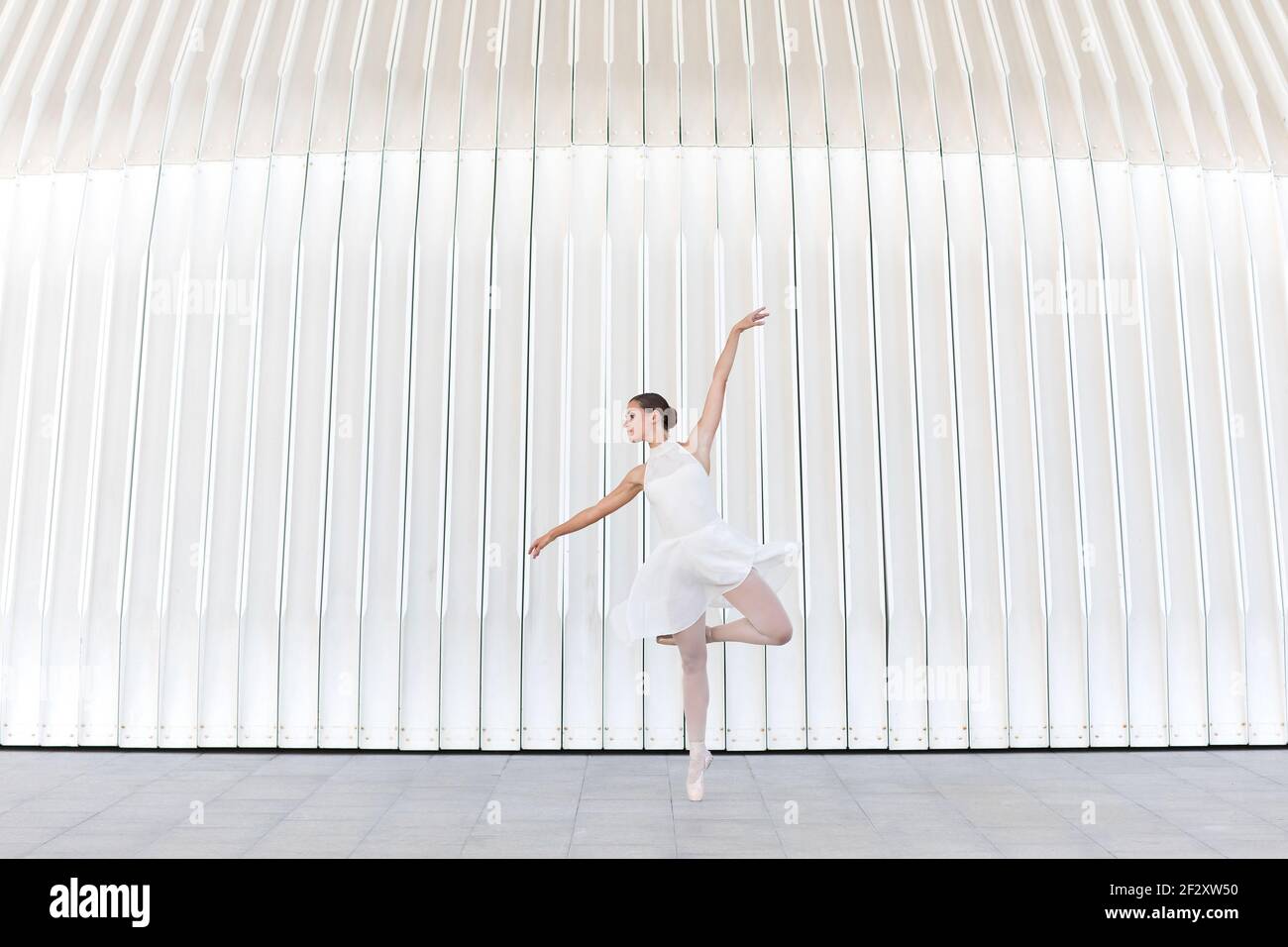 Young female ballet dancer in tiptoe in pointe shoes with raised leg ...