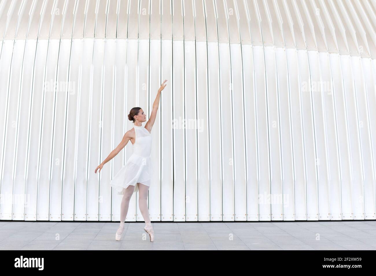 Young female ballet dancer in tiptoe in pointe shoes with raised leg ...