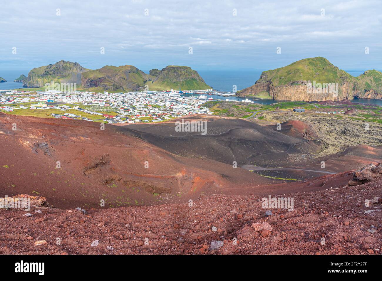 Aerial view of Heimaey island from Eldfell volcano in Iceland Stock ...