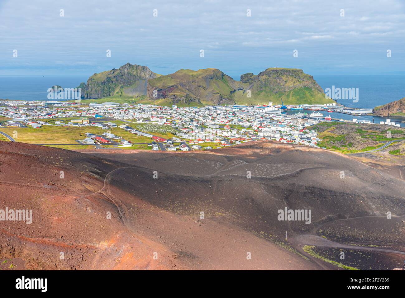 Aerial view of Heimaey island from Eldfell volcano in Iceland Stock ...