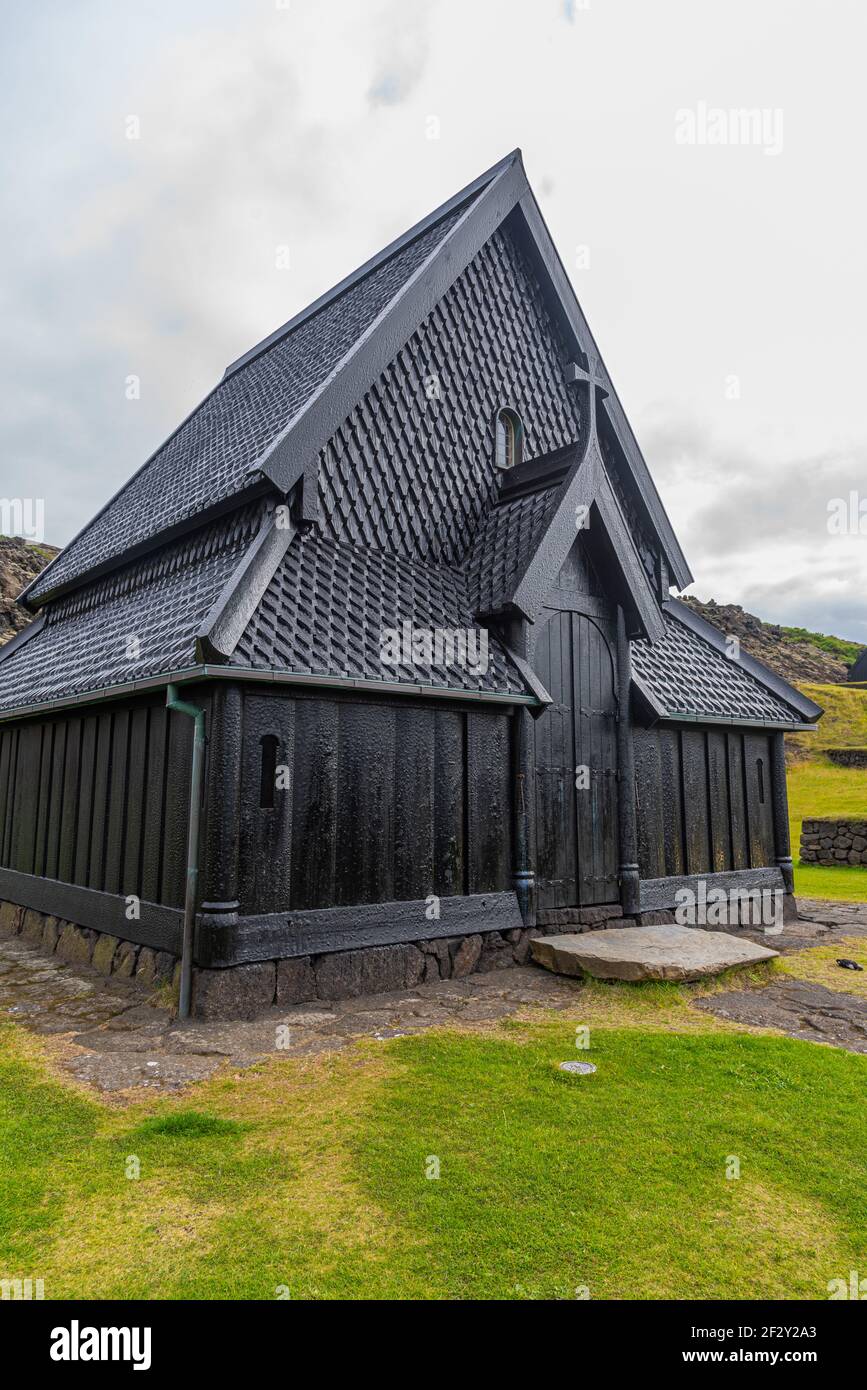 Replica of a historical stave church at a skansen at Heimaey, Iceland ...