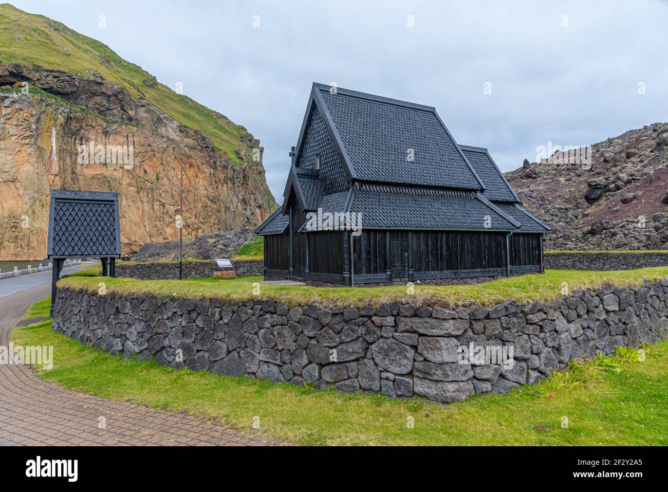 Replica of a historical stave church at a skansen at Heimaey, Iceland ...