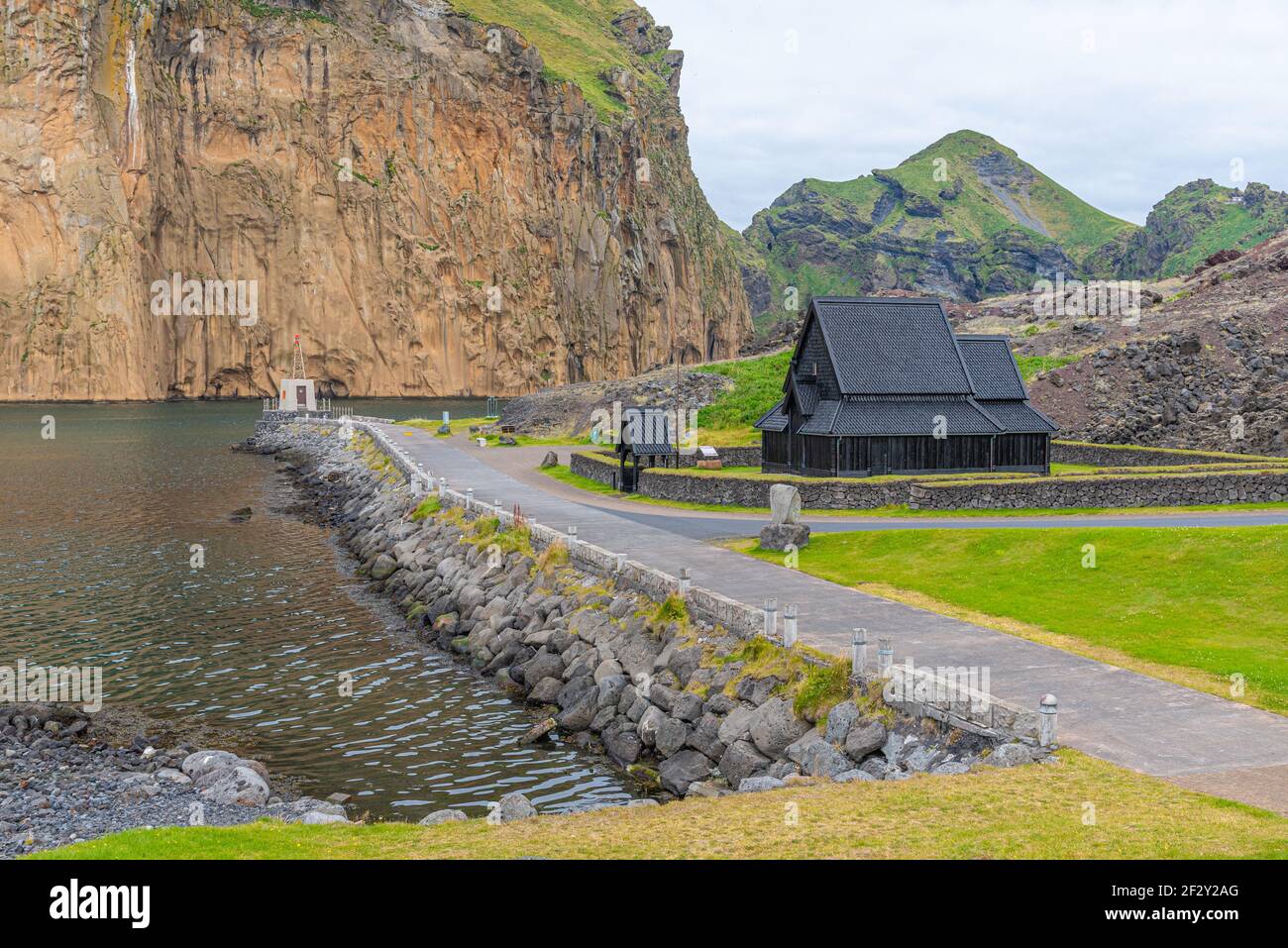 Replica of a historical stave church at a skansen at Heimaey, Iceland ...