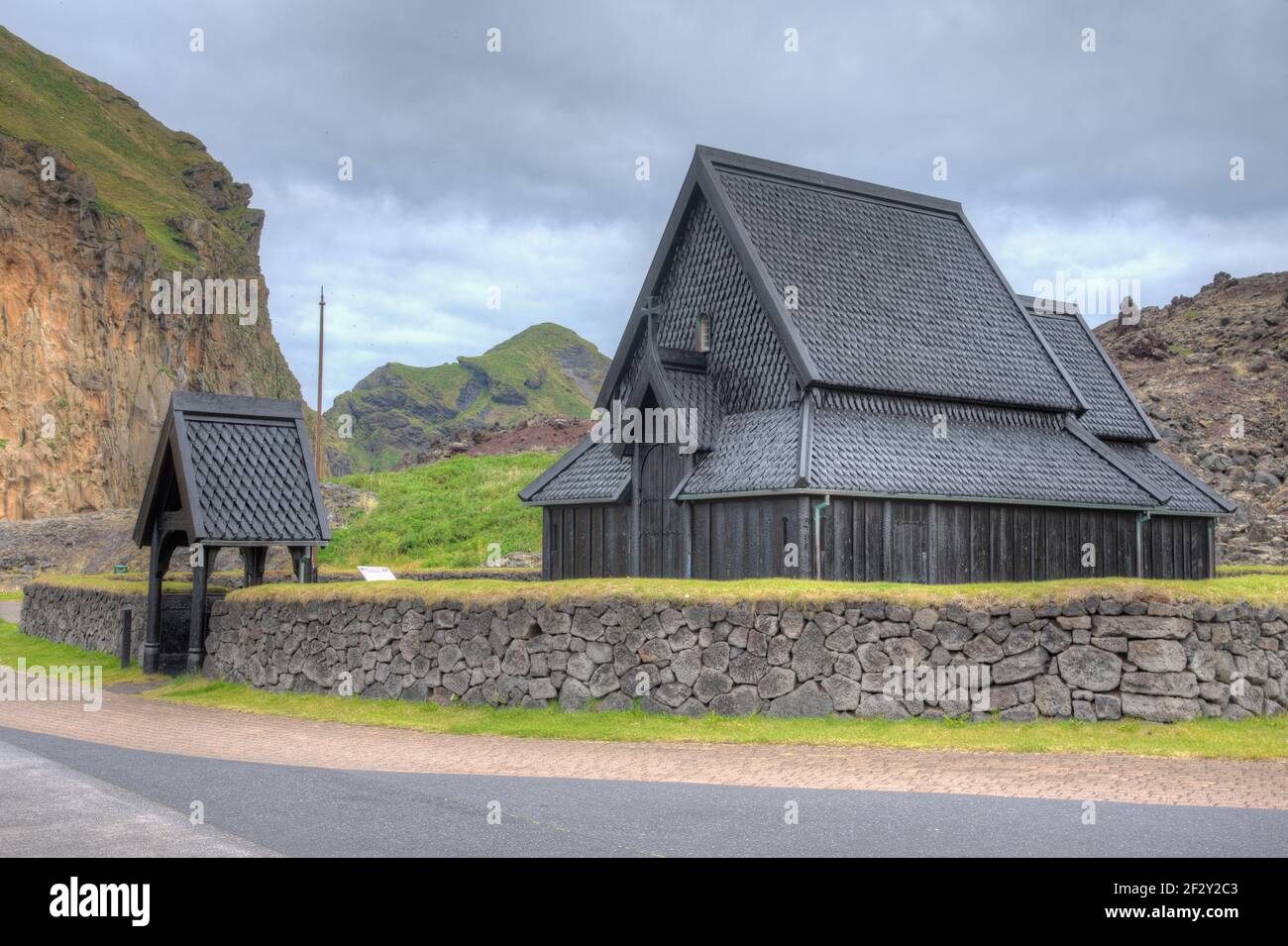 Replica of a historical stave church at a skansen at Heimaey, Iceland ...