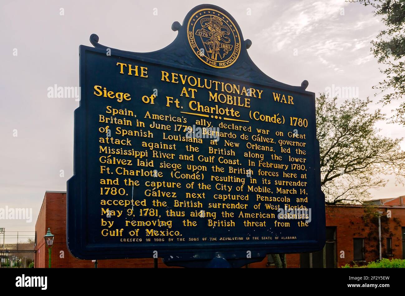 A historic marker stands outside the Fort of Colonial Mobile, used ...