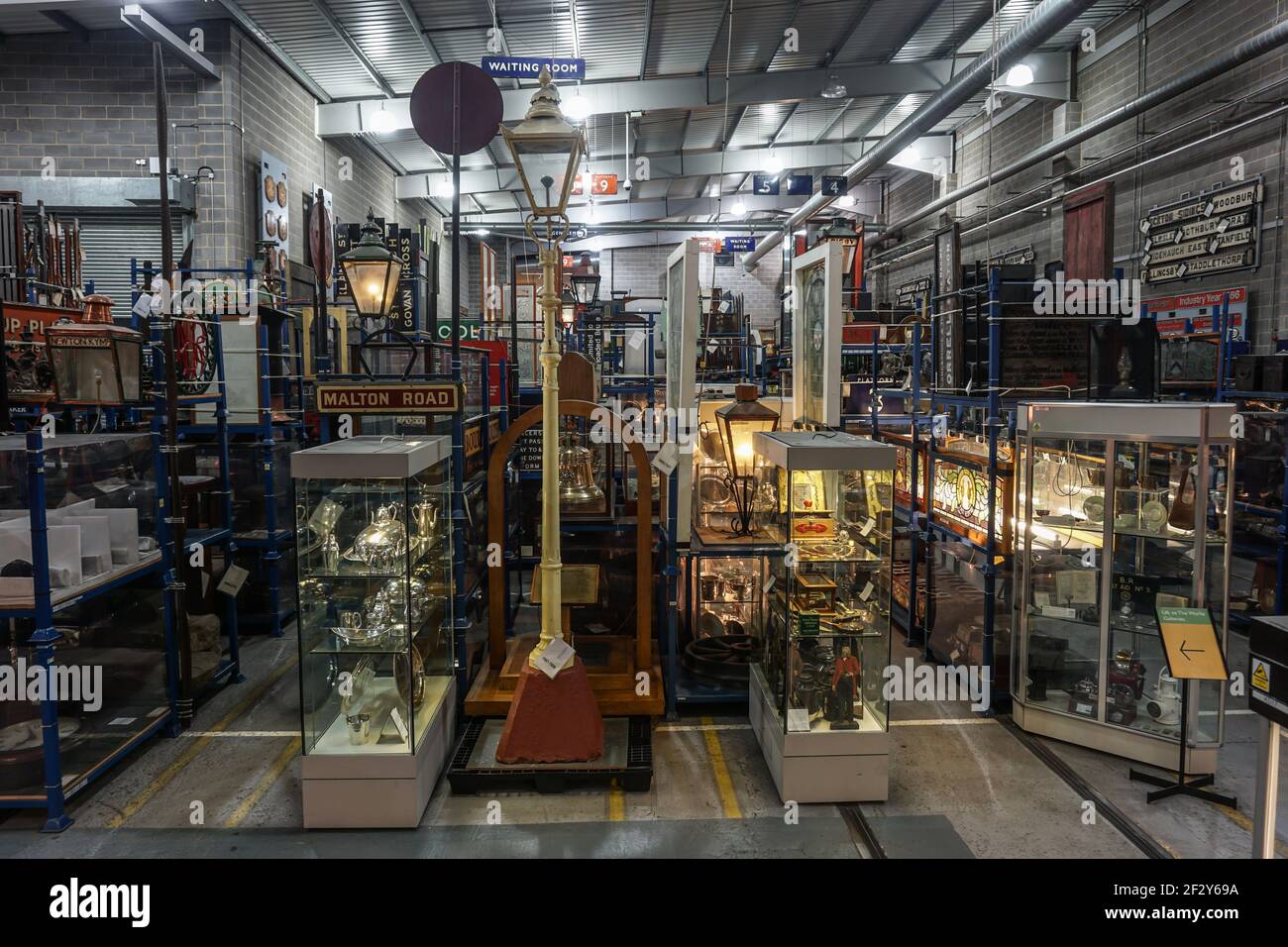 Warehouse of rail exhibits and artefacts at the National Railway Museum ...