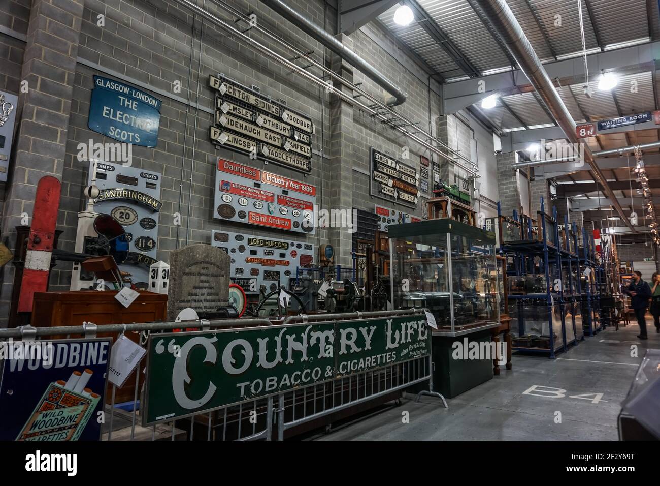 Warehouse of rail exhibits and artefacts at the National Railway Museum ...